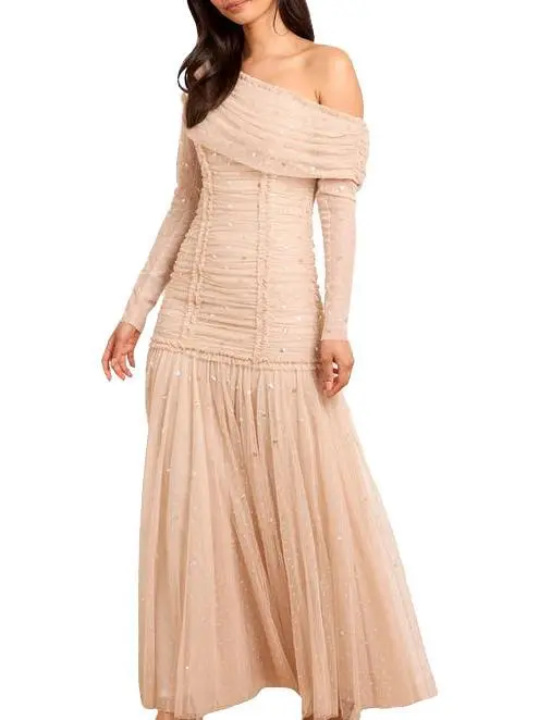 NEEDLE & THREAD Gigi Dot One-shoulder Rouched Gown - Beige