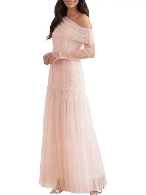 NEEDLE & THREAD Gigi Dot One-shoulder Ruched Gown - Cream/peony Pink