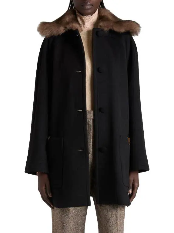 Valentino Garavani Genuine Shearling Collar Wool Coat - Black