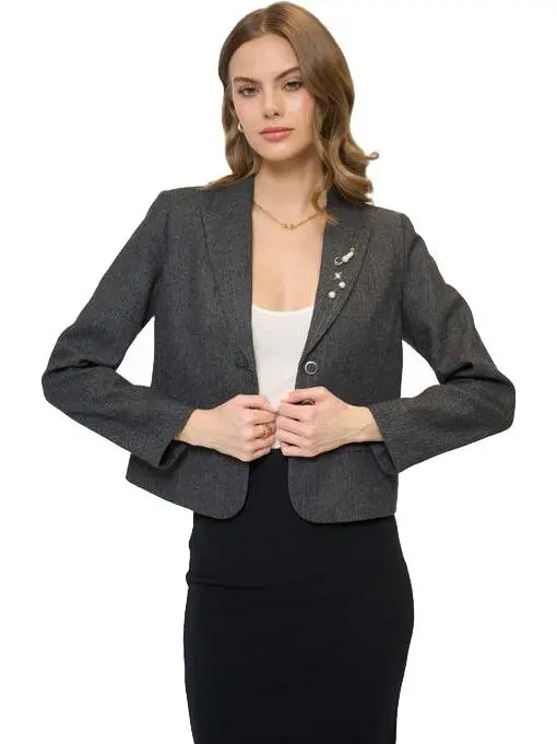 Central Park West Crystal Pins & Chains Cropped Blazer - Black