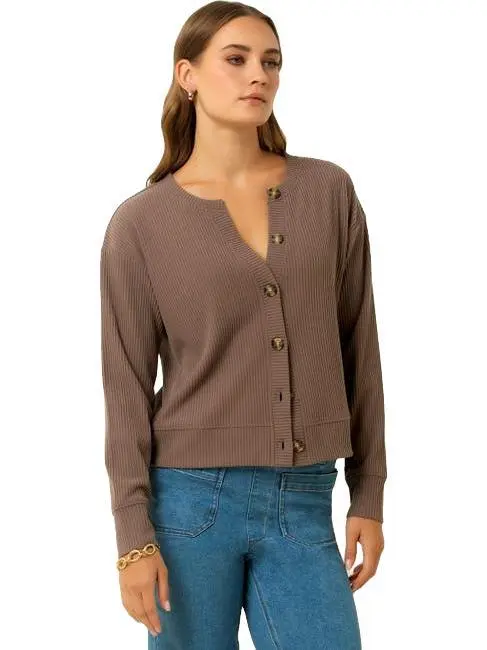 SINGLE STITCH Ribbed V-neck Cardigan - Deep Taupe