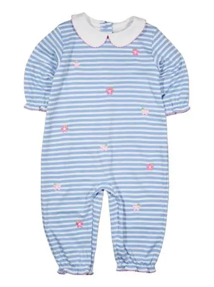 FLORENCE EISEMAN Stripe Knit Longall With Embroidered Flowers - Light Blue/ White/ Pink