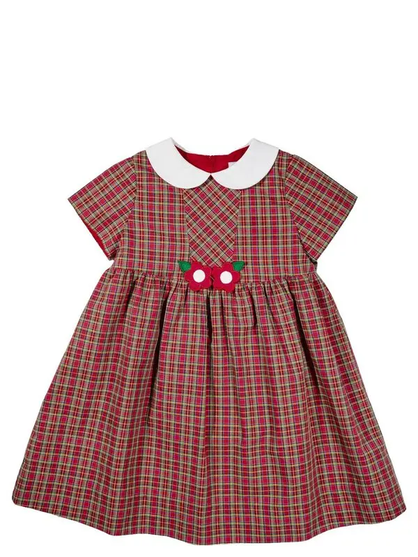 FLORENCE EISEMAN Plaid Cotton Dress With Appliqué Flowers - Red/ Green/ White