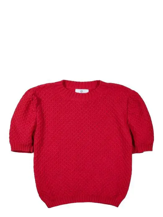 FLORENCE EISEMAN Short Sleeve Textured Knit Sweater With Puff Sleeves - Red