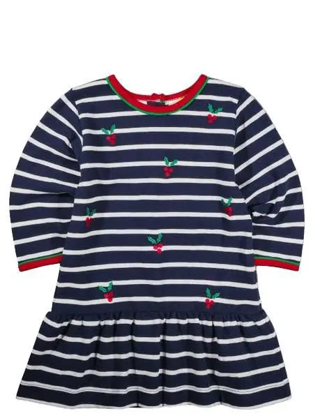 FLORENCE EISEMAN Stripe Knit Dress With Embroidered Holly - Navy/ Red/ Green/ White