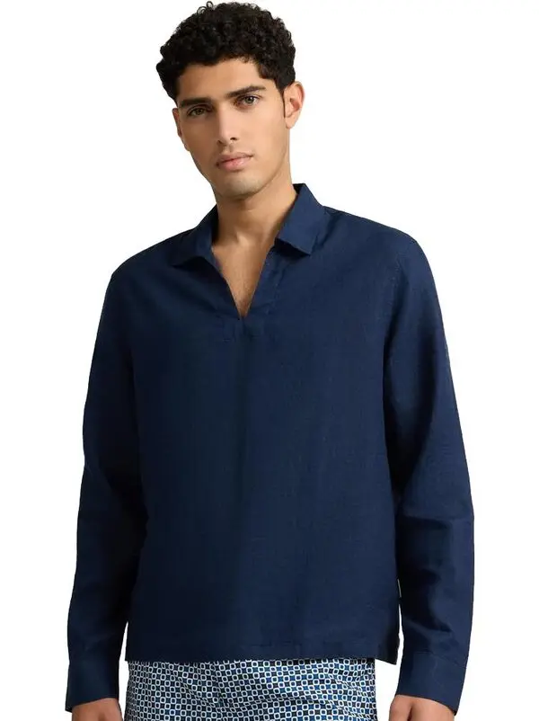 Onia Linen Long Sleeve Popover Shirt - Midnight