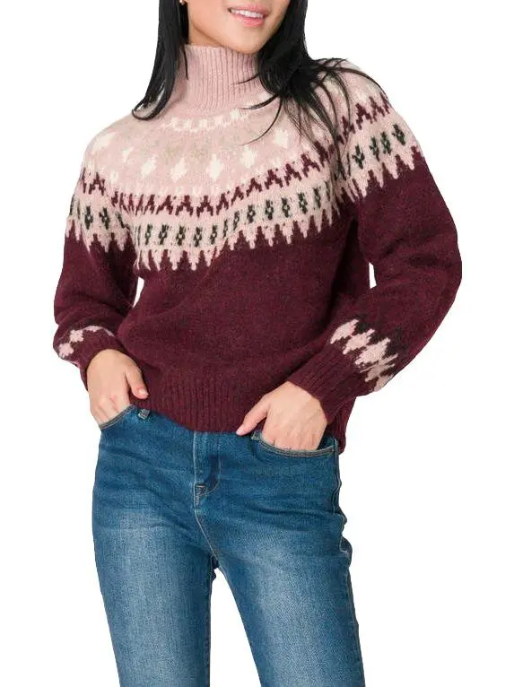 GIBSONLOOK Fair Isle Mock Neck Sweater - Burgundy Pink