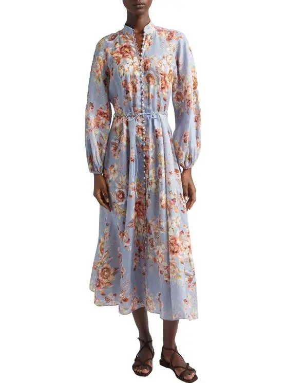 Zimmermann Awaken Long Sleeve Linen Midi Dress - Chambray Floral