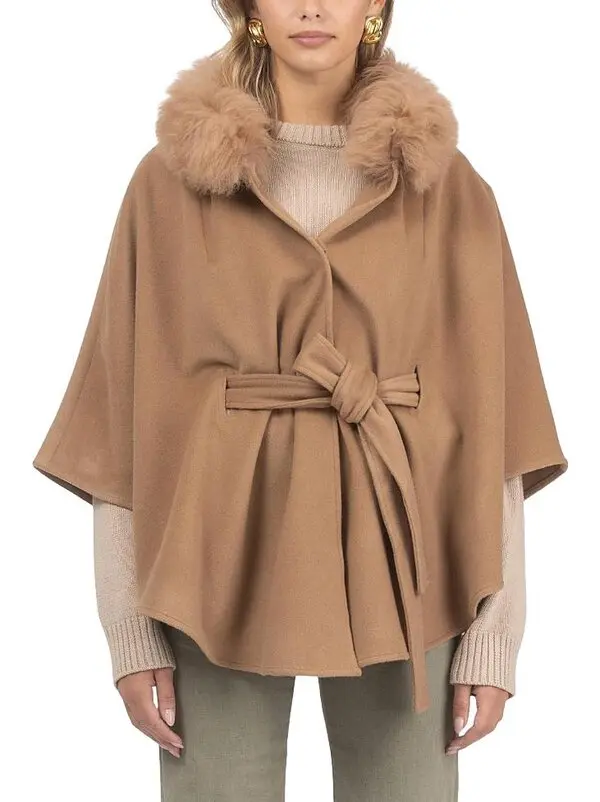 Gorski Wool Belted Cape With Lamb Collar - Camel