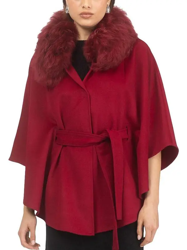 Gorski Wool Belted Cape With Lamb Collar - Wine