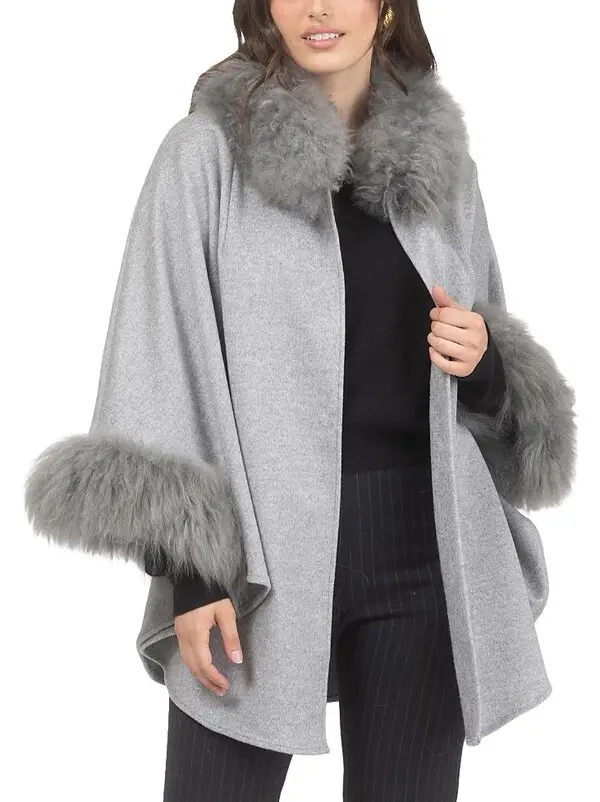 Gorski Cashmere And Wool Cape With Lamb Trim - Gray