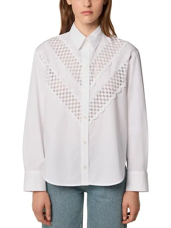 Tresse Cotton Button Down Shirt With Lace Ribbon - White