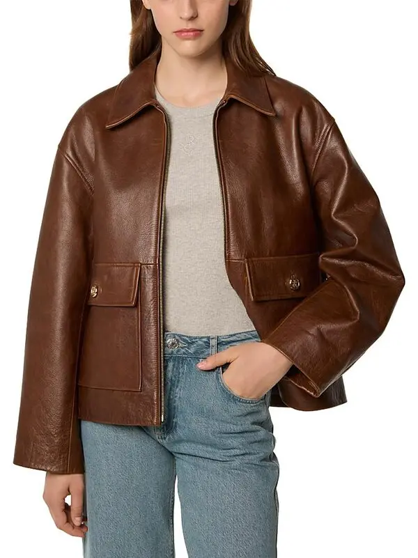 Tresse Leather Jacket With Storm Flap - Brown