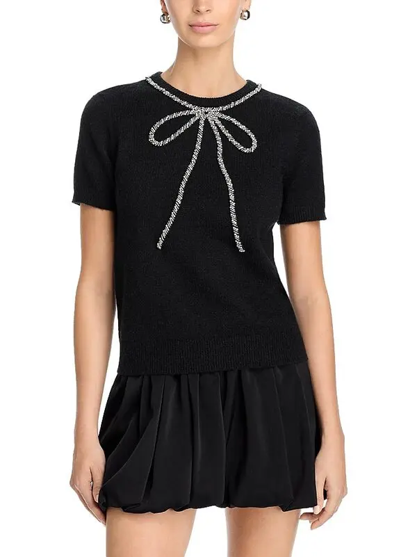 Aqua Embellished Bow Short Sleeve Sweater - Black