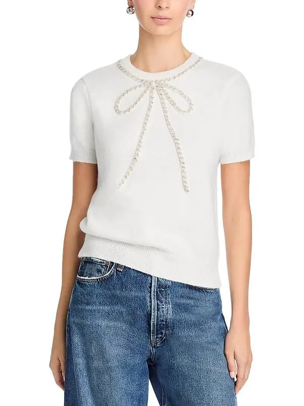 Aqua Embellished Bow Short Sleeve Sweater - Ivory