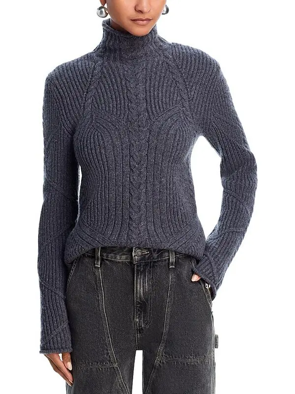 Helmut Lang Wool Blend Cable Knit Turtleneck Sweater - Charcoal