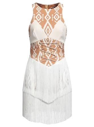 Elisabetta Franchi Geometric Print Mini Dress With Fringe - Camel