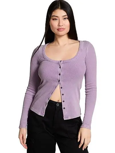 Pink Vintage Ribbed Button-down Long-sleeve Tee - Purple