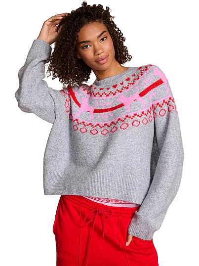 Pink Boxy Crewneck Sweater With Graphic Detail - Grey