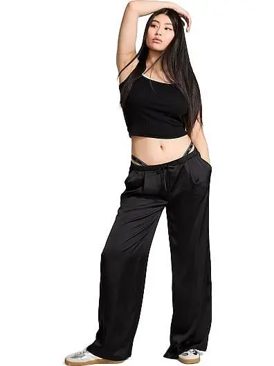 Pink Satin Wide Leg Trousers - Black