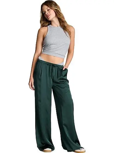Pink Satin Wide Leg Trousers - Green
