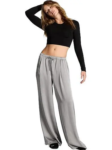 Pink Satin Wide Leg Trousers - Grey
