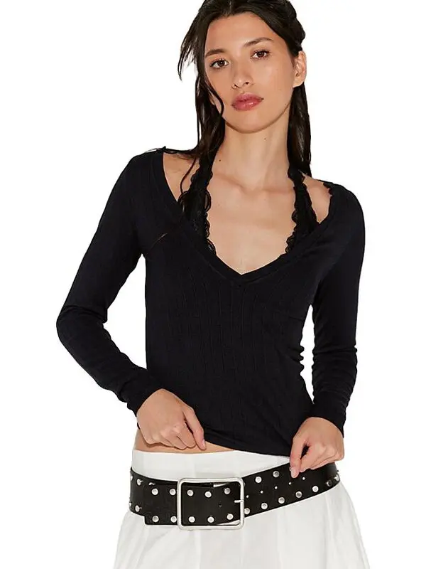 Free People Seamless Modal V-neck Long Sleeve Top - Black