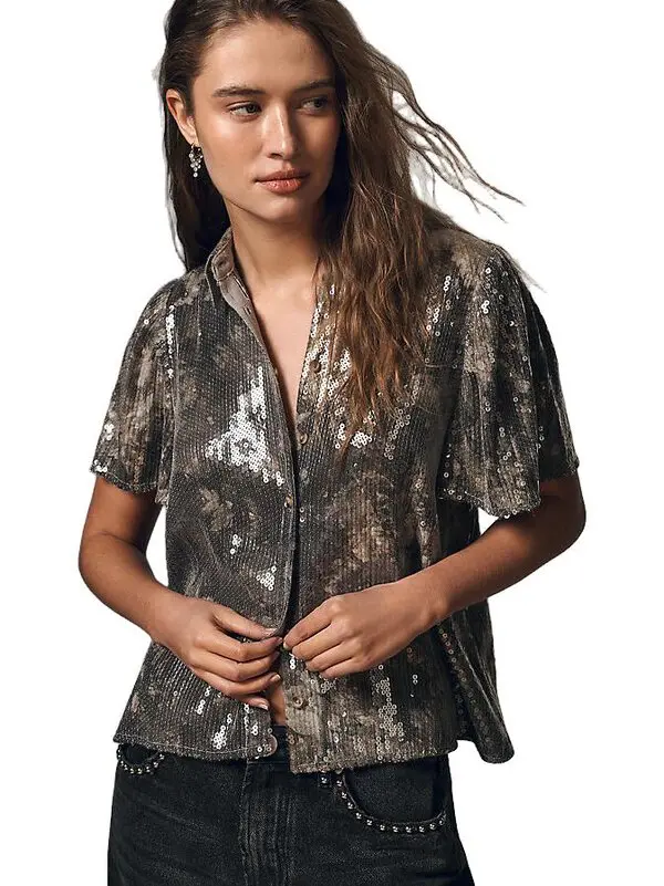 PILCRO Short-sleeve Sequin Buttondown Blouse - Grey