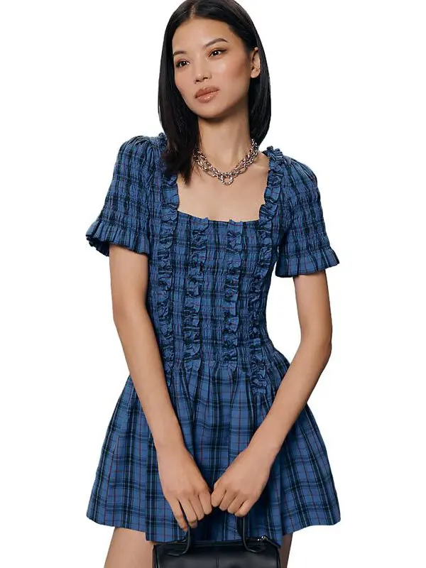 DAMSON MADDER Raphaela Shirred Mini Dress - Blue Tartan