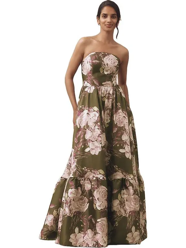 Mac Duggal Strapless Floral Brocade Fit & Flare Maxi Dress - Pink Floral