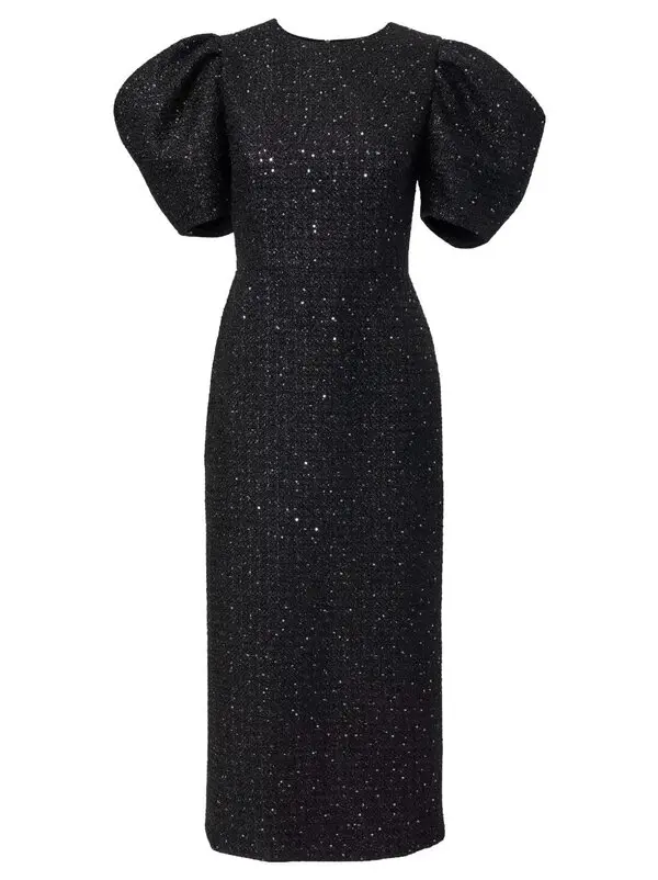 Carolina Herrera Tweed Puff-sleeve Midi Dress - Black