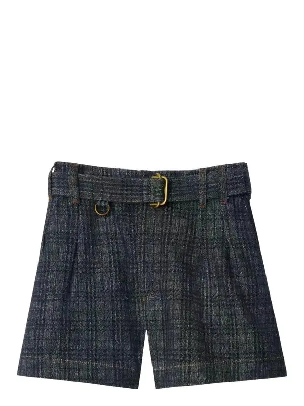 Burberry Belted Checked Denim Shorts - Blue