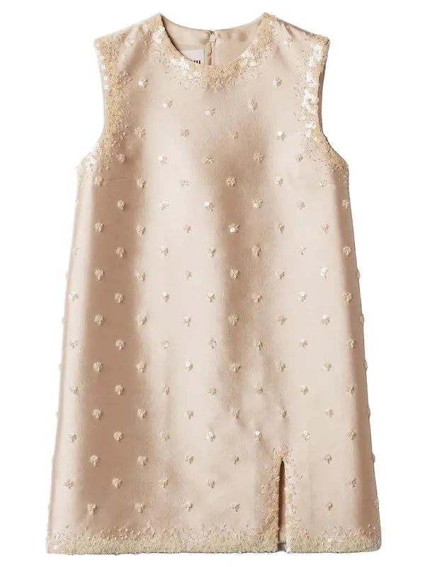 Miu Miu Embroidered Silk And Wool Mini-dress - Sand Beige