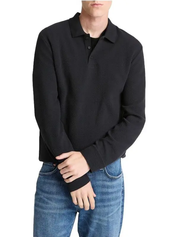 Vince Basket-weave Cotton Long-sleeve Polo Shirt - Black