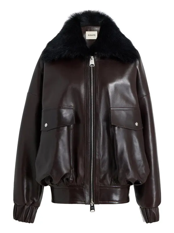 Khaite Daemon Leather Jacket With Shearling Collar - Mud