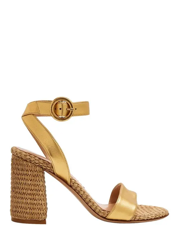 GIANVITO ROSSI Luana 85 Nappa Leather & Raffia Block Heel Sandals - Gold