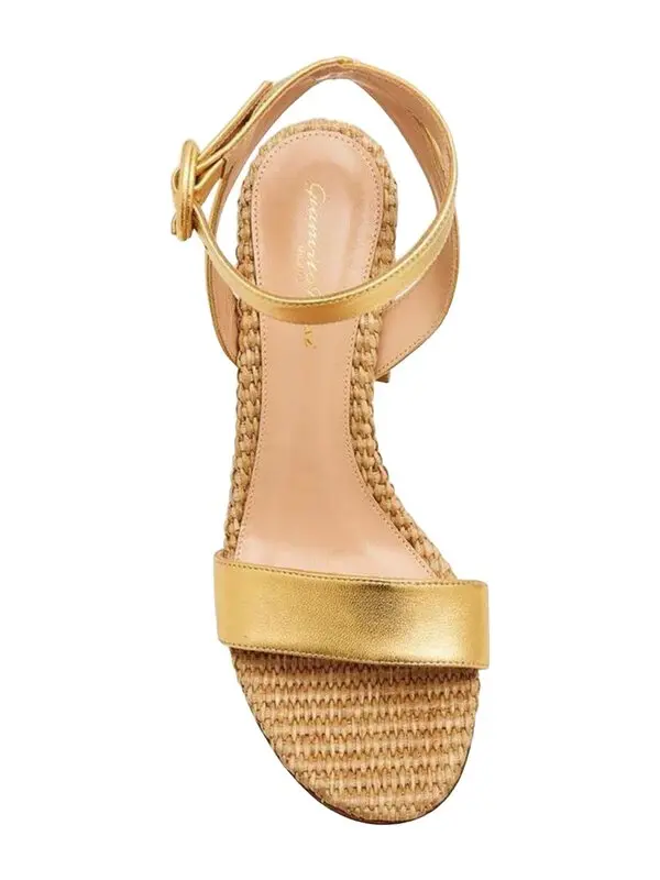 GIANVITO ROSSI Luana 85 Nappa Leather & Raffia Block Heel Sandals - Gold