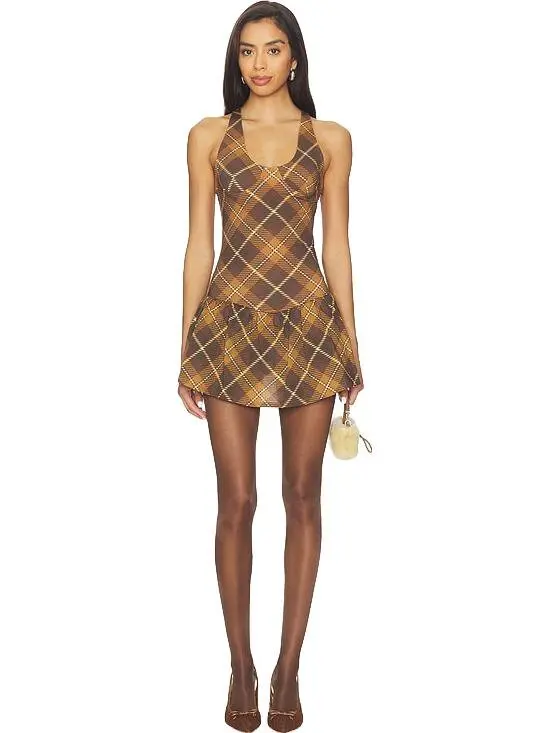 Miaou Plaid Halterneck Mini Dress - Brown