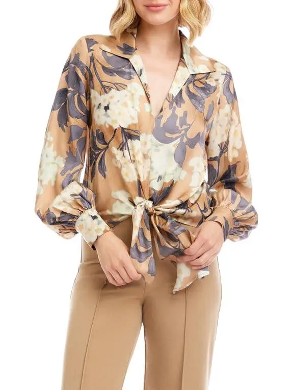 Karen Kane Floral Tie-front Satin Top - Medium Beige Print