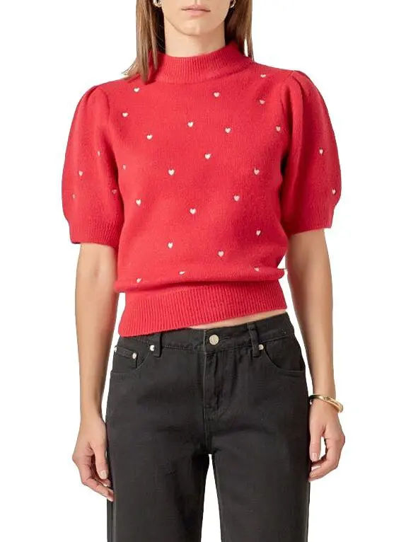 English Factory Heart Embroidered Puff Sleeve Sweater - Red