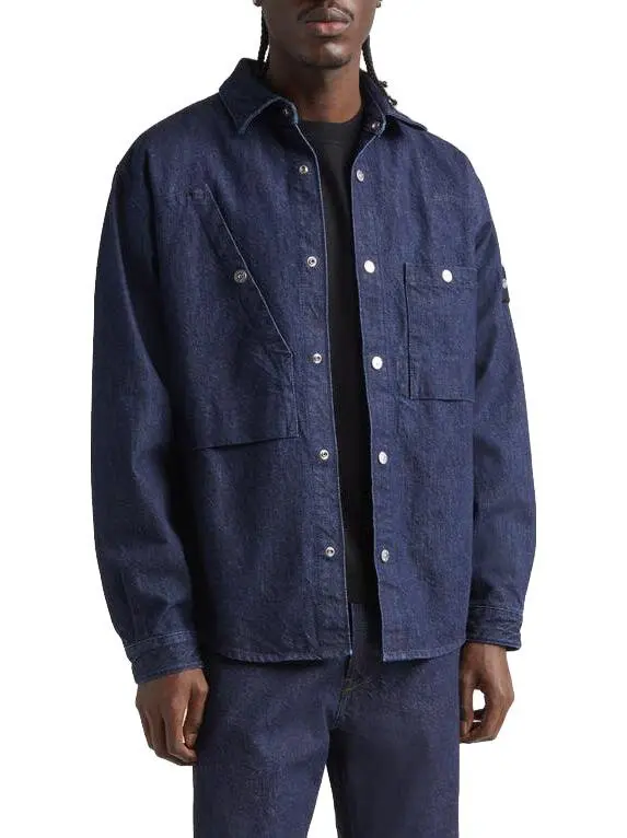 Stone Island Compass Logo Patch Denim Snap-up Overshirt - Vj201 Indigo Denim-rinsed