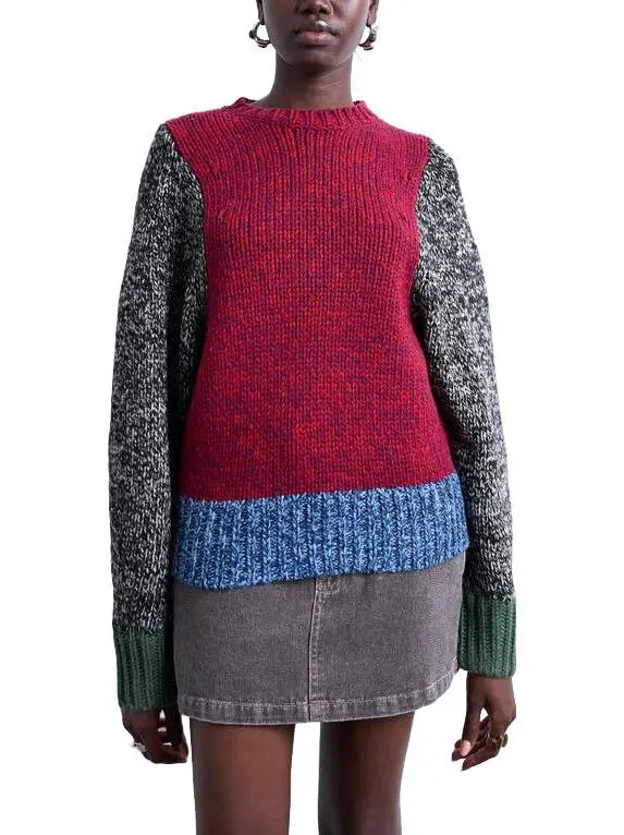 Topshop Color Blocked Crewneck Sweater - Burgundy Multi
