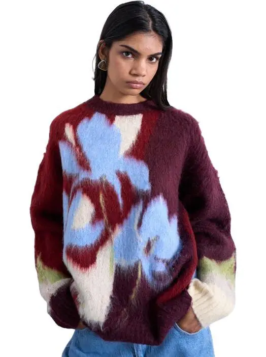 Topshop Floral Fuzzy Pullover - Burgundy
