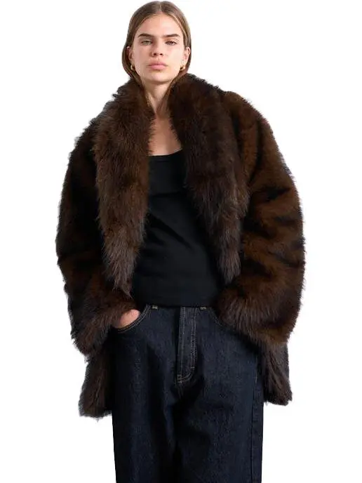 Topshop Faux Fur Shawl Collar Coat - Brown