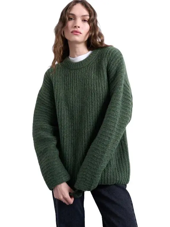 Topshop Ribbed Puff Sleeve Sweater - Medium Green
