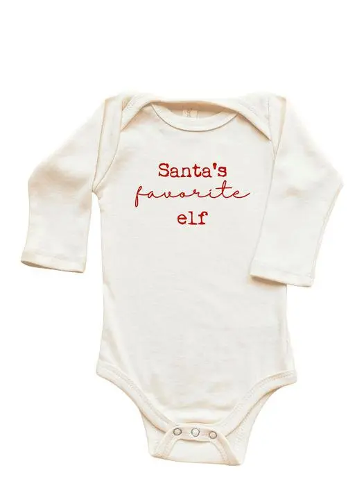 TENTH & PINE Santa’s Favorite Elf Organic Long Sleeve Baby Bodysuit - Natural Red Lettering