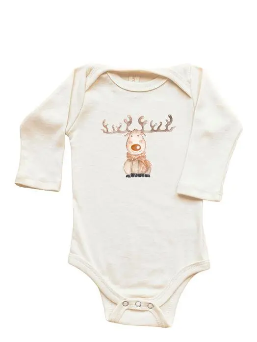TENTH & PINE Reindeer Organic Long Sleeve Baby Bodysuit - Natural Red Lettering