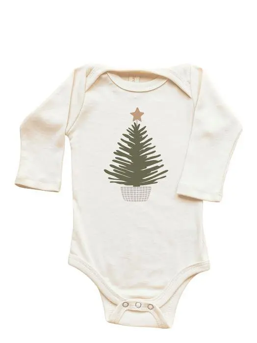 TENTH & PINE Holiday Tree Organic Baby Bodysuit - Natural Olive Design