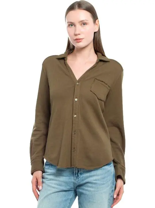 WILT CLOTHING Button Front Sweatshirt With Patch Pocket - Dark Olive