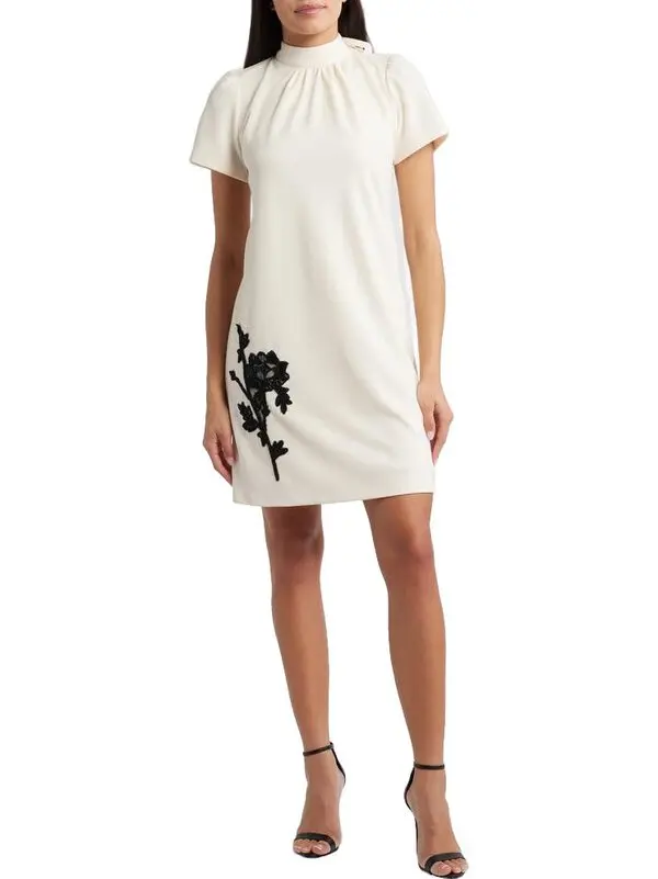Anne Klein Floral Mock Neck Sheath Dress - Swan White/anne Black